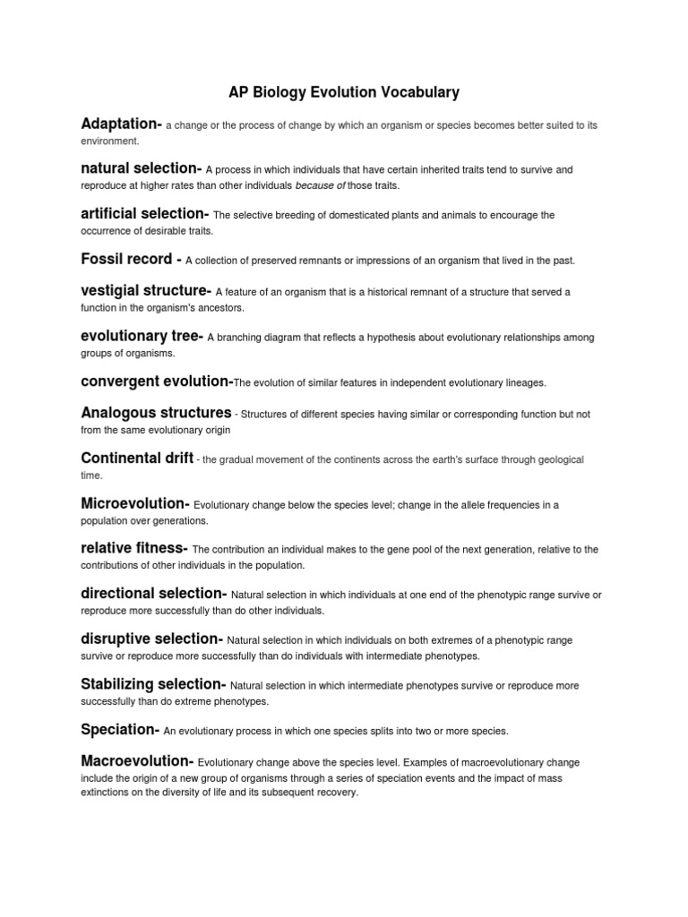 AP Biology Evolution Vocab | PDF | Natural Selection | Evolution