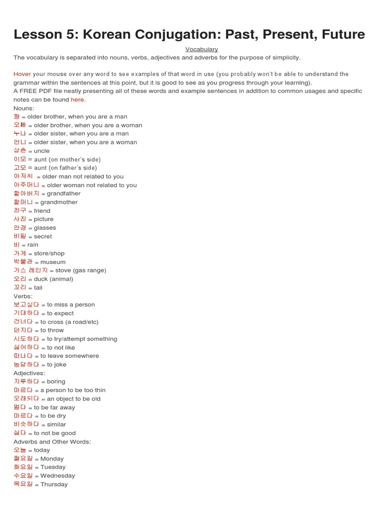 Lesson 5 - Korean Conjugation - Past, Present, Future | Grammatical ...
