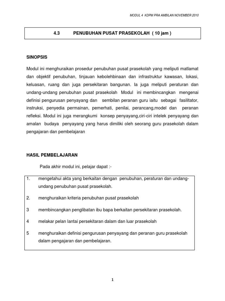 Modu1 4 Penubuhan Prasekolah) | PDF