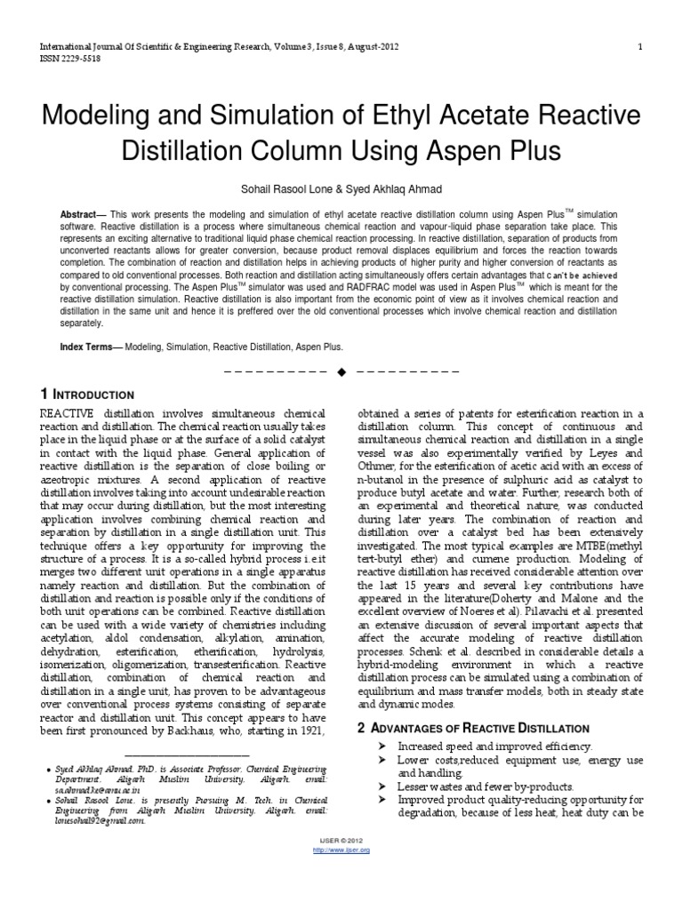 Modeling And Simulation Of Ethyl Acetate Reactive Distillation Column Using Aspen Plus Pdf