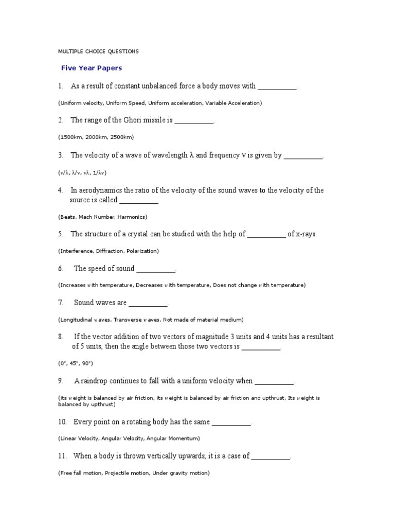 Basic Physics MCQs and Answers | PDF | Acceleration | Rotation Around A ...