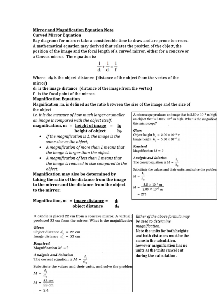 Mirror and Magnification Equation Note | PDF | Lens (Optics) | Natural ...