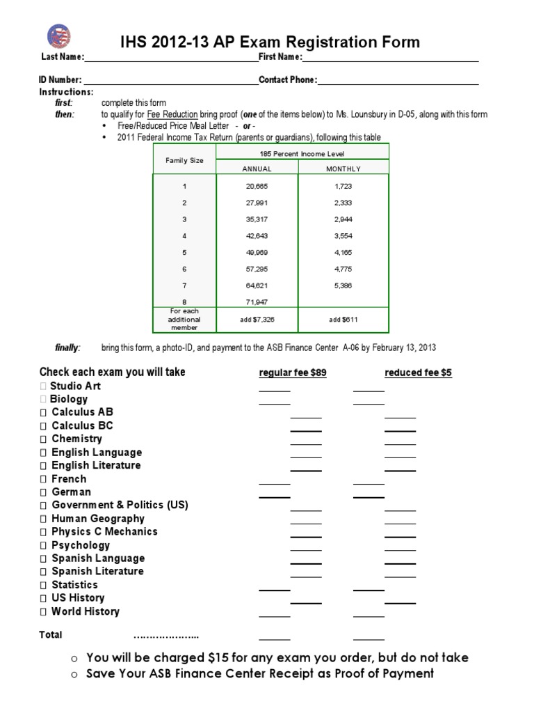 AP Exam Registration Form 2012-13 | PDF