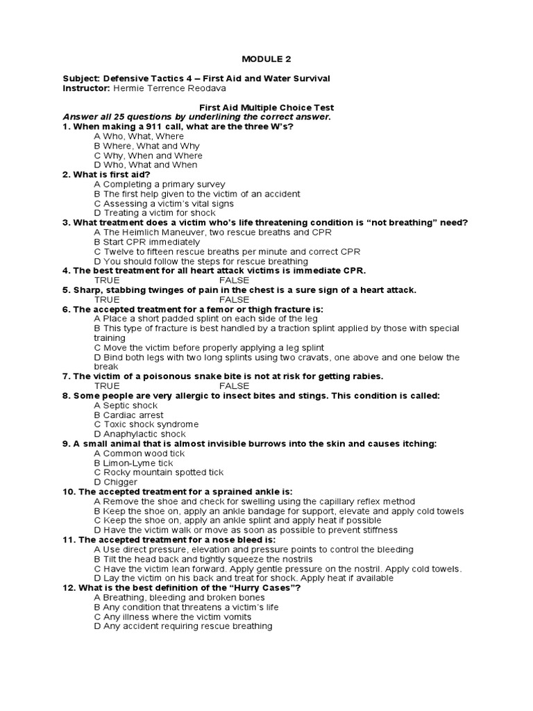 First Aid Multiple Choice Test Module 2 | PDF | Medicine | Clinical ...