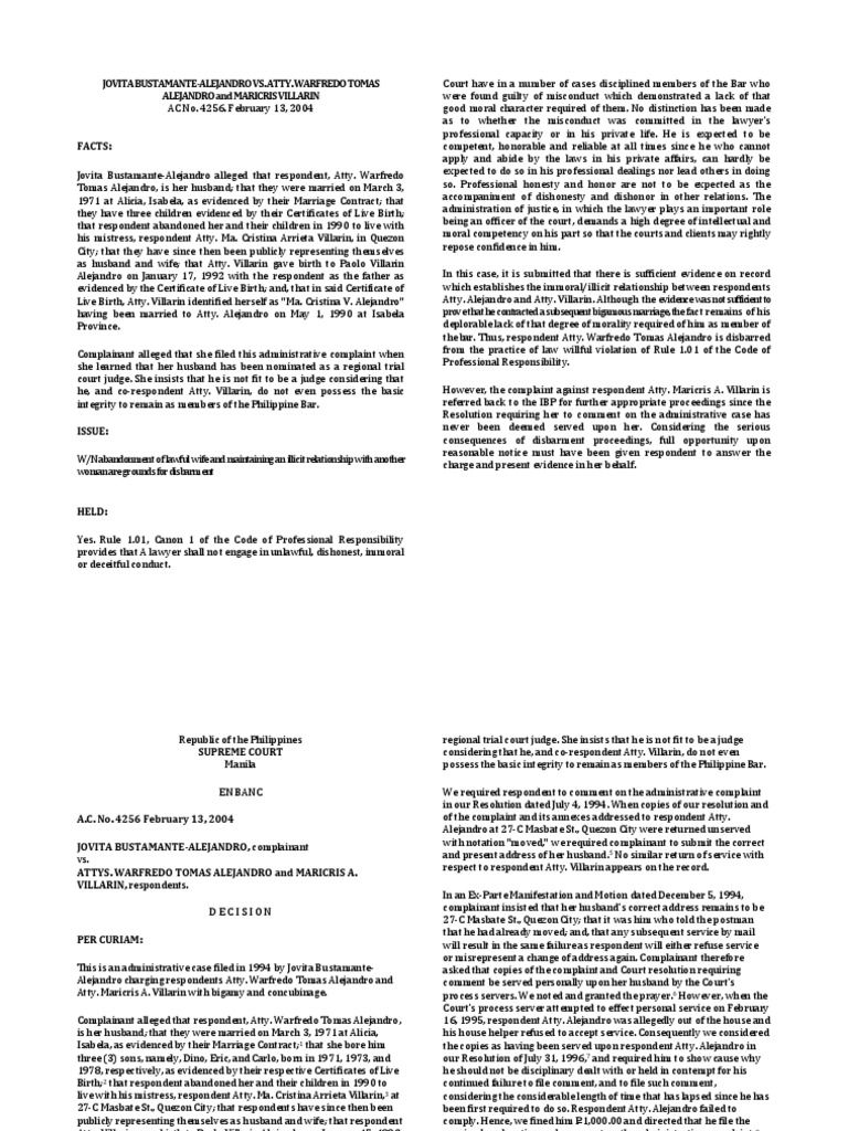 Bustamante-Alejandro v. Attys. Alejandro and Villarin, Adm. Case No ...