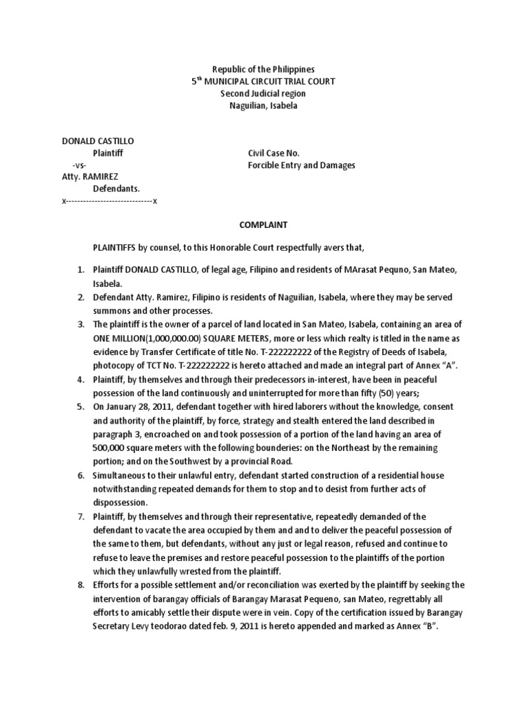 Complaint On Forcible Entry | Lawsuit | Complaint