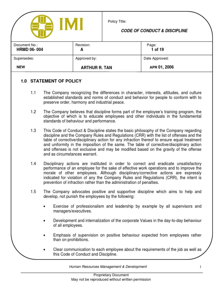 IMI Code of Conduct Discipline | Defamation | Employment | Free 30-day ...