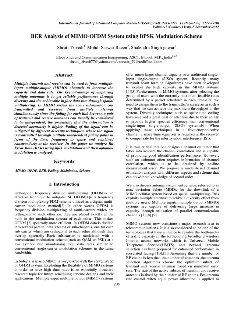 Analysis of Bit Error Rate Performance of MIMO-OFDM System using BPSK Modulation | PDF | Mimo ...