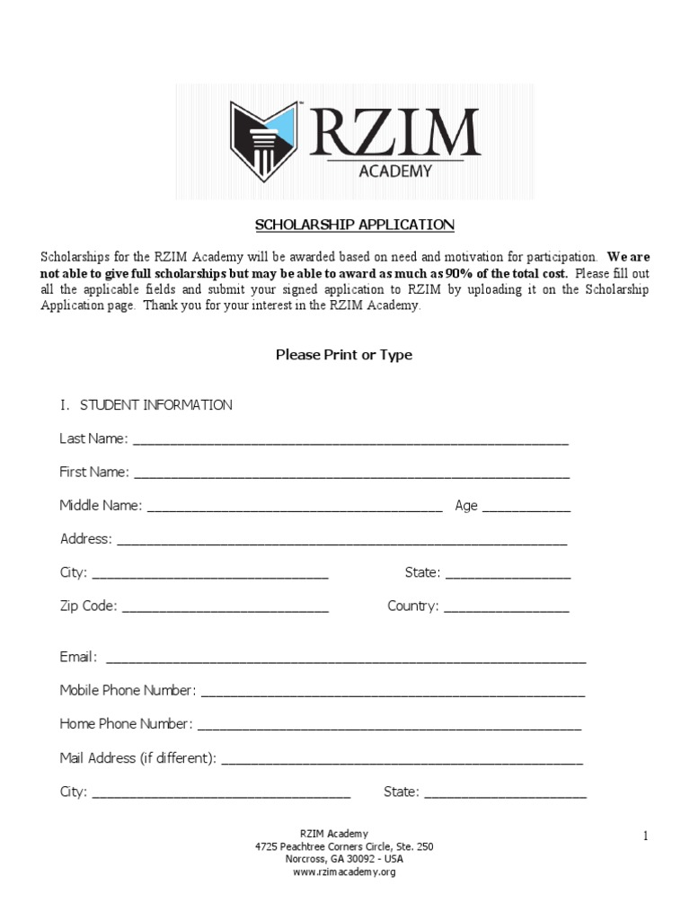 Scholarship Application For RZIM | PDF | Career & Growth