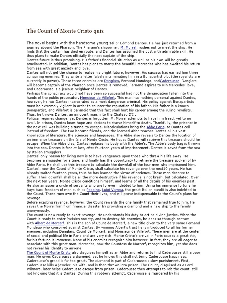 Count of Monte Cristo Quiz Guide | PDF | Edmond Dantès | The Three ...