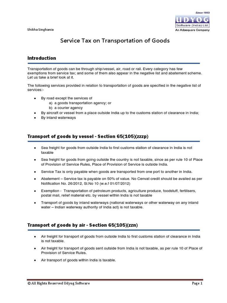 Service Tax On Transportation of Goods | PDF | Taxes | Government