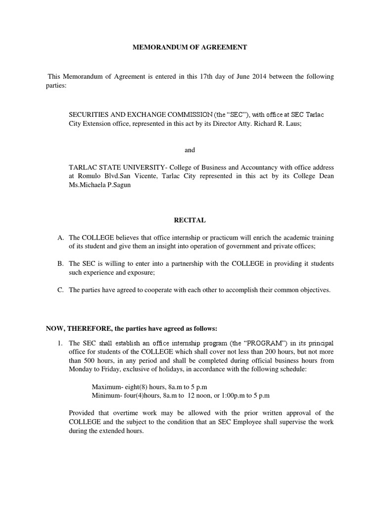 Memorandum of Agreement | U.S. Securities And Exchange Commission ...