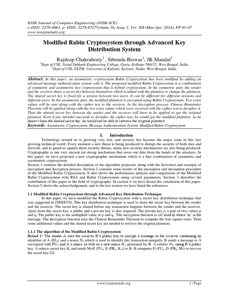 Modified Rabin Cryptosystem Through Advanced Key Distribution System | PDF | Cryptography ...