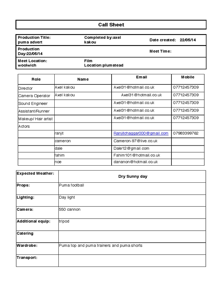 Puma Advert Call Sheet Details | PDF