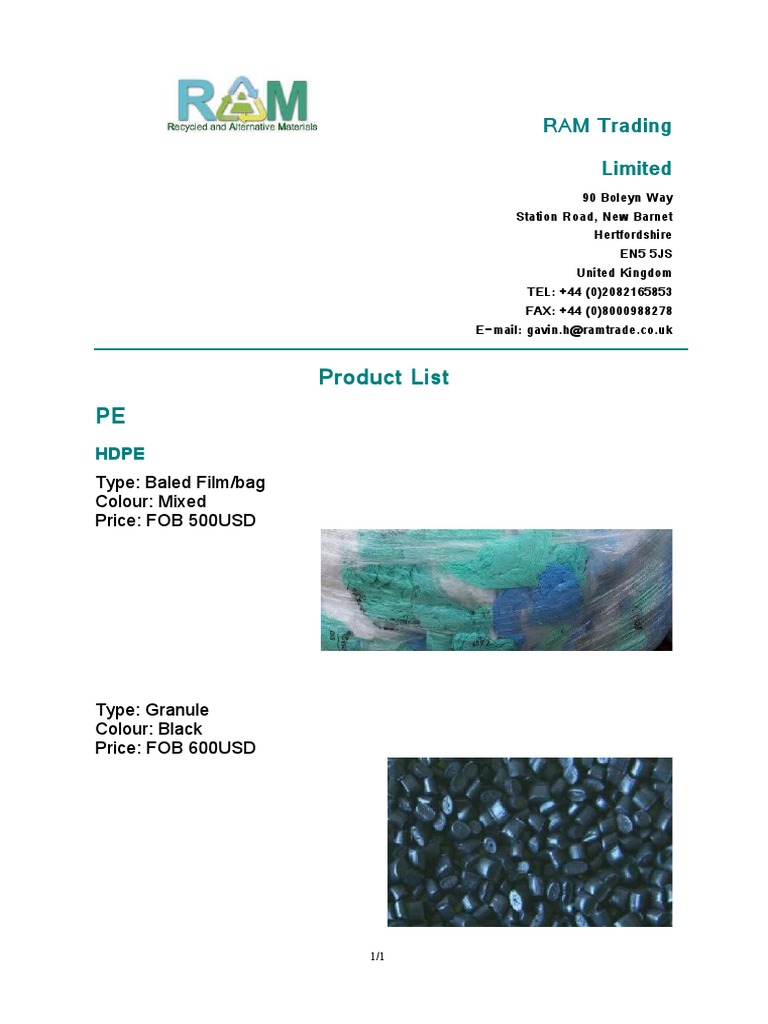 RAM Trading: Plastic Product Prices | PDF