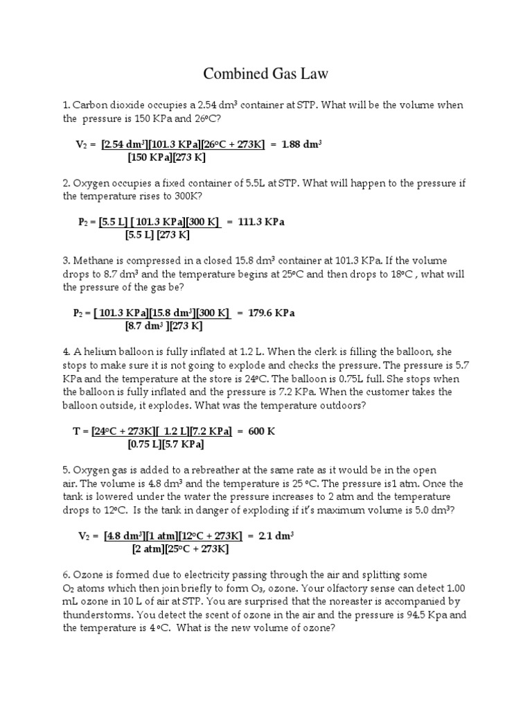 Combined Gas Law Problems and Answers | PDF | Balloon | Oxygen