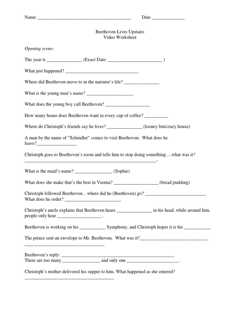 Beethoven Lives Upstairs Worksheet | PDF | Ludwig Van Beethoven