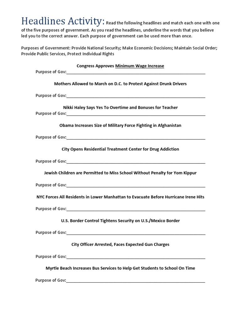 Headlines Activity | PDF | Politics | Social Science