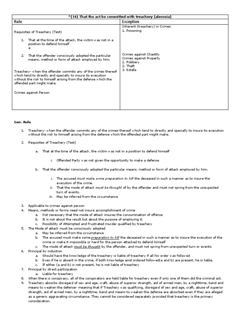 Treachery or Alevosia Notes | PDF | Murder | Crime & Violence Treachery or Alevosia Notes | PDF | Murder | Crime & Violence