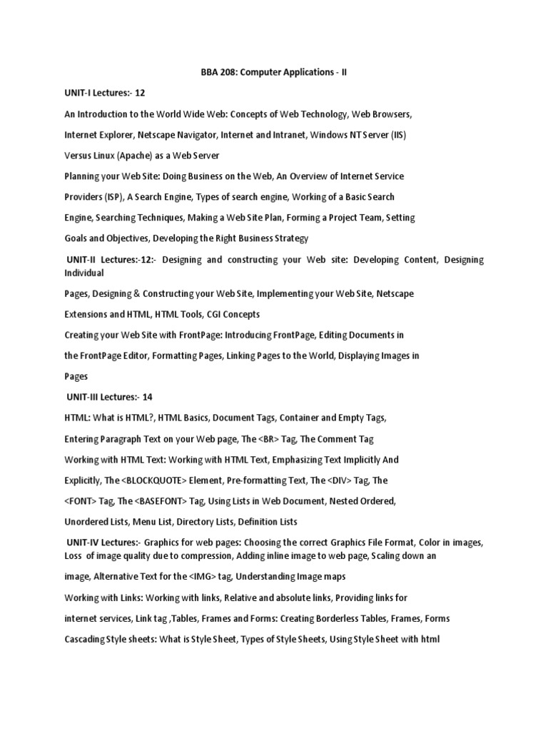 BBA 208: Computer Applications - II UNIT-I Lectures:-12 | PDF | Html ...