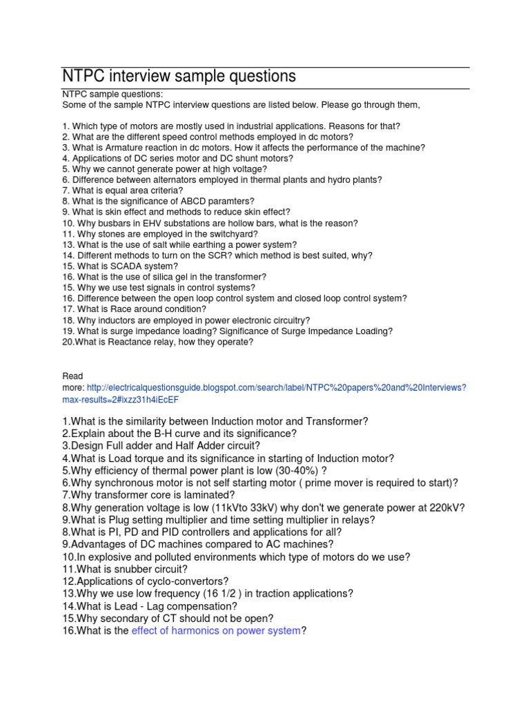 NTPC Interview Sample Questions | PDF | Electric Power System | Transformer