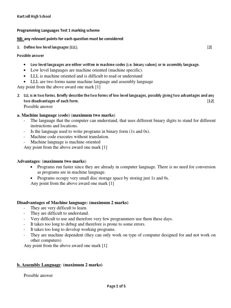 Programming Languages Marking Scheme | PDF | Assembly Language | Computer Program
