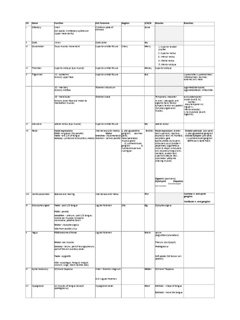 Cranial Nerves Table - Names, Functions | PDF | Facial Features | Face