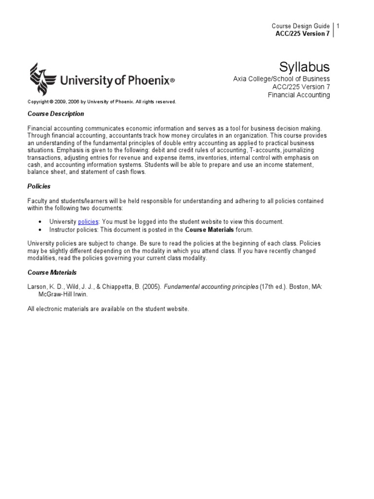 ACC 225 Course Syllabus | PDF | Debits And Credits | Corporations
