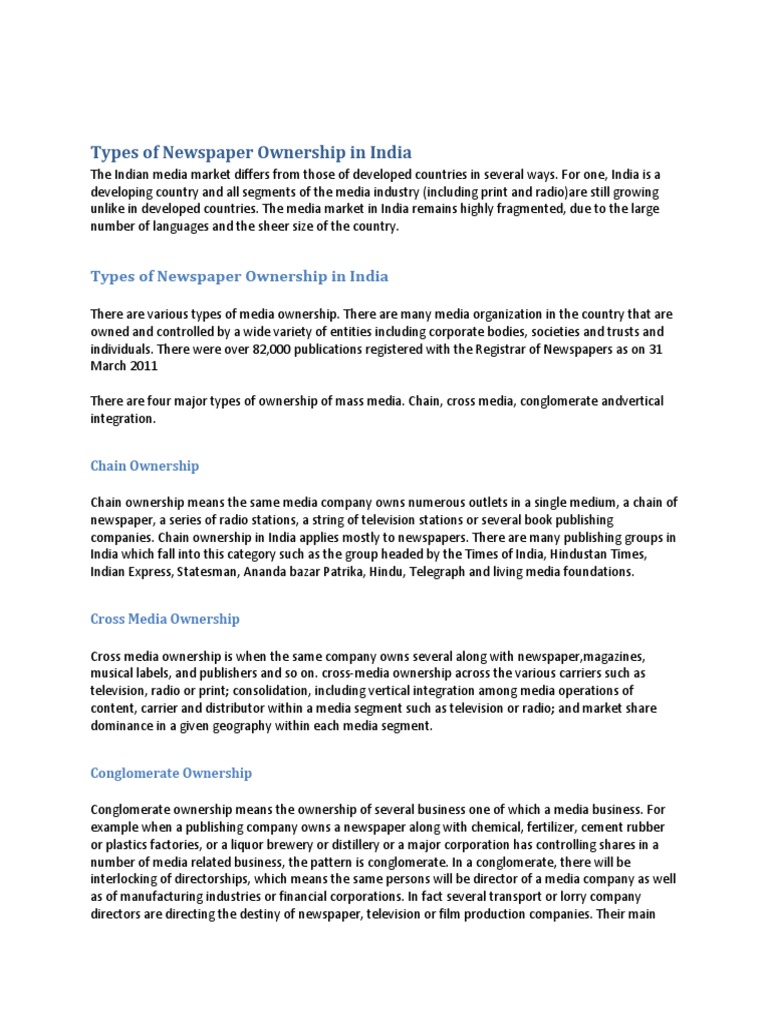 Types of Newspaper Ownership in India | PDF | Mass Media | Newspapers