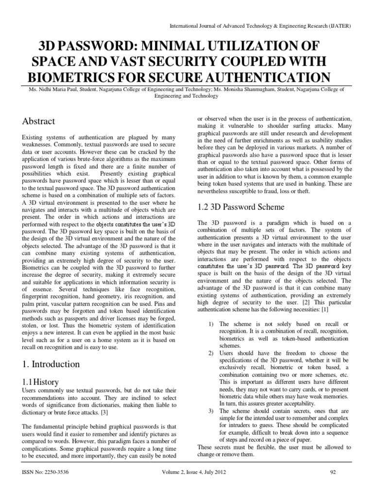 3d Password Minimal Utilization Of Space And Vast Security Coupled
