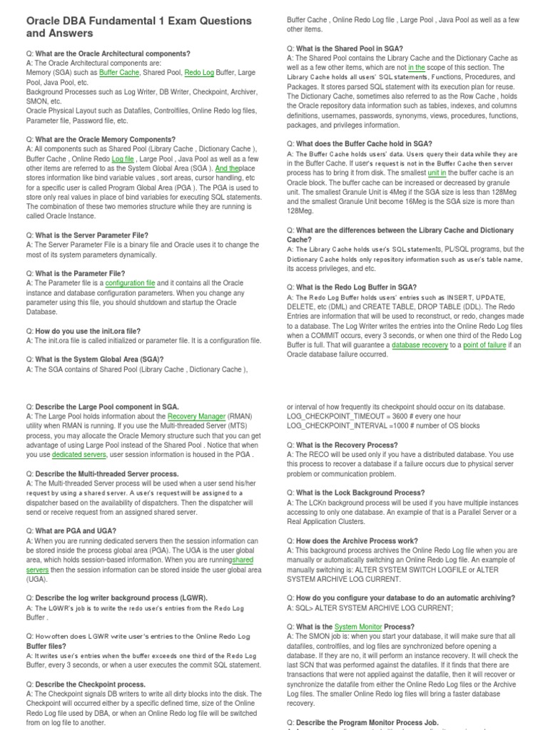 Oracle DBA Basics | PDF | Oracle Database | Cache (Computing)