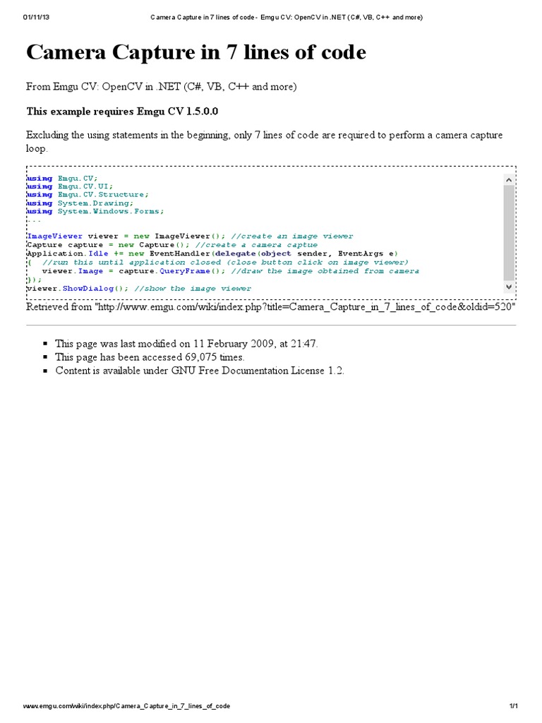 Camera Capture in 7 Lines of Code - Emgu CV - OpenCV in | PDF