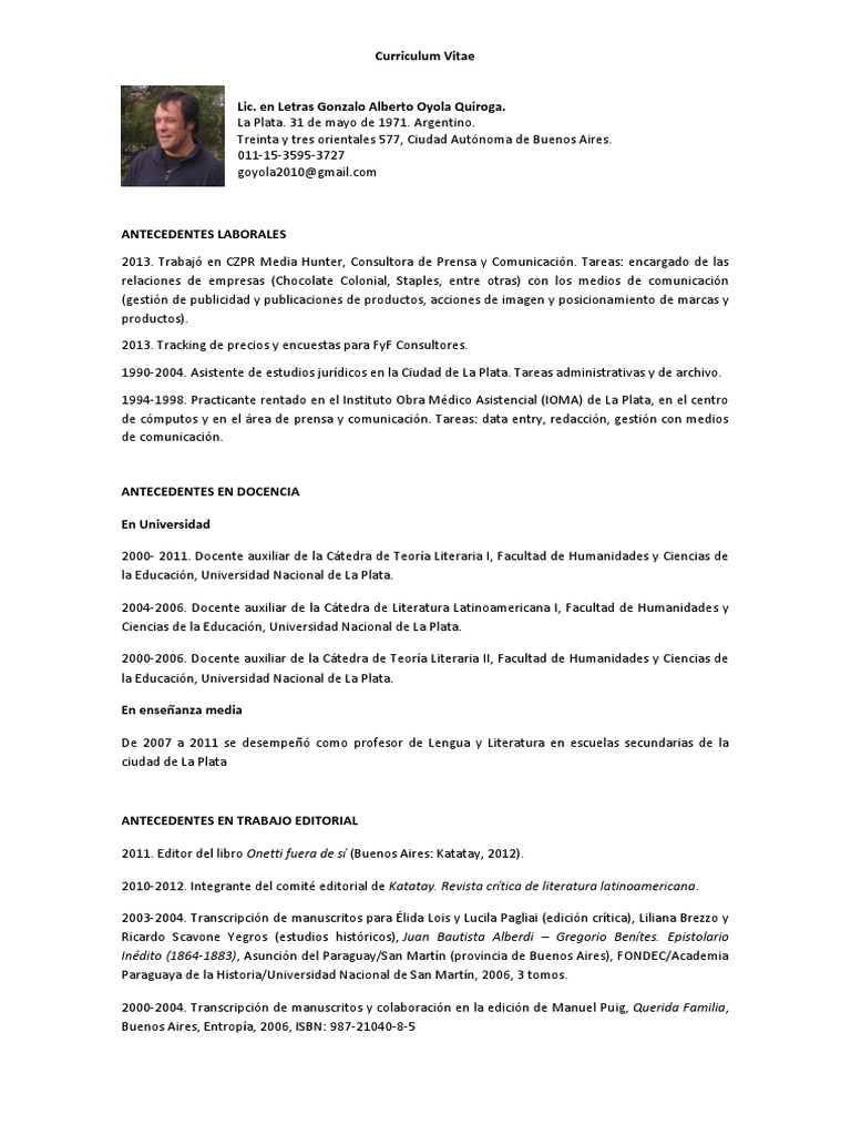 GONZALO OYOLA QUIROGA Curriculum Vitae Abreviado | PDF | Universidad | Maestros