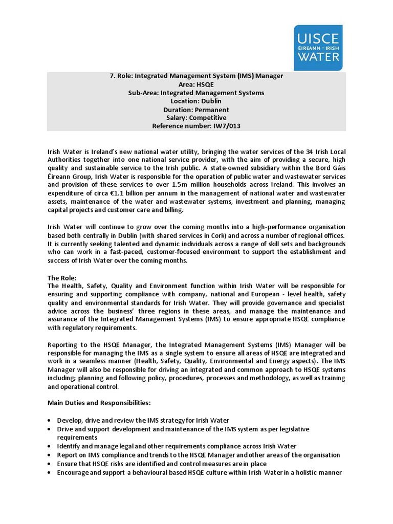 Role Integrated Management System (IMS) Manager | PDF | Business | Wellness