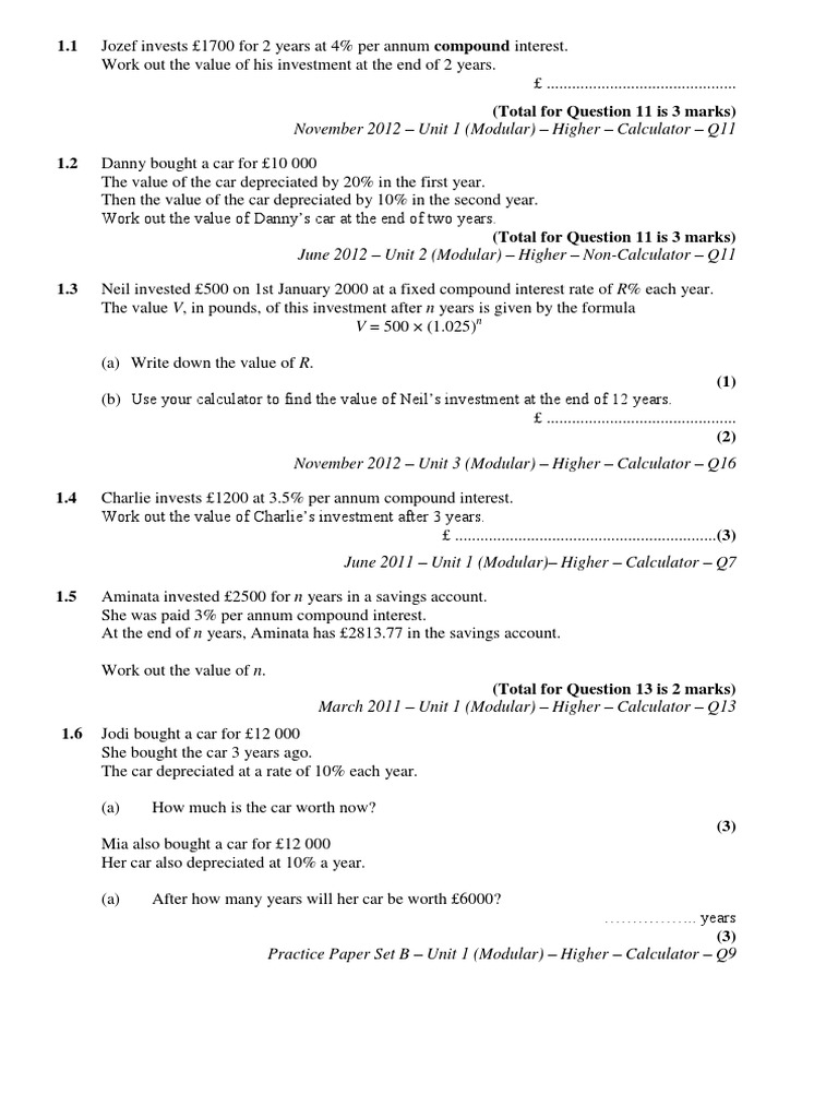 Analysis of Compound Interest, Depreciation, and Investment Word ...