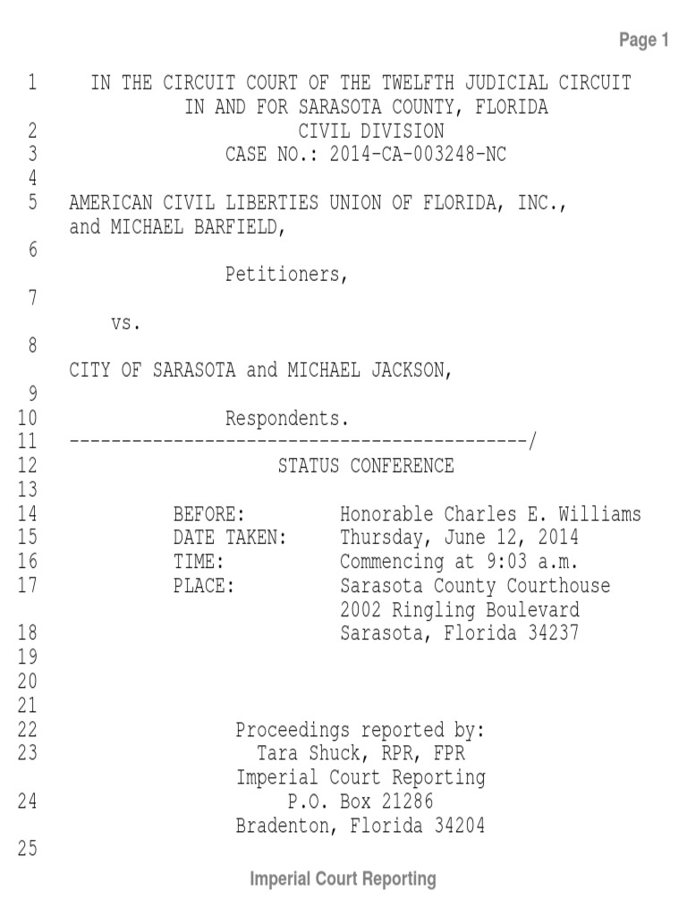 ACLU v. City of Sarasota - Transcript June 12 2014 | PDF | United ...
