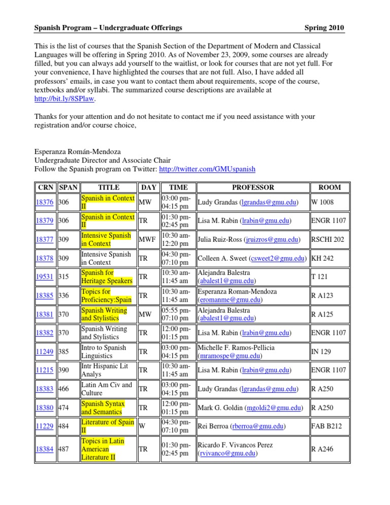 Spring 2010 Spanish Course Offerings | PDF | Languages | Language Arts ...