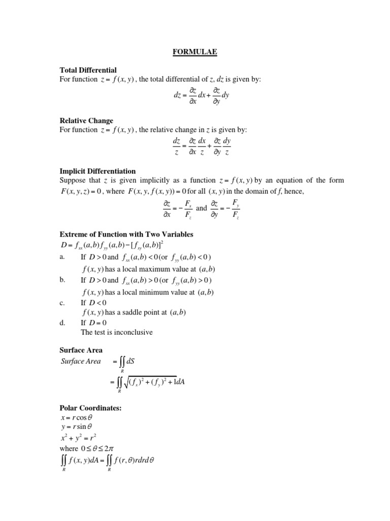 Z Z DZ DX Dy X Y: Formulae Total Differential | PDF | Science ...