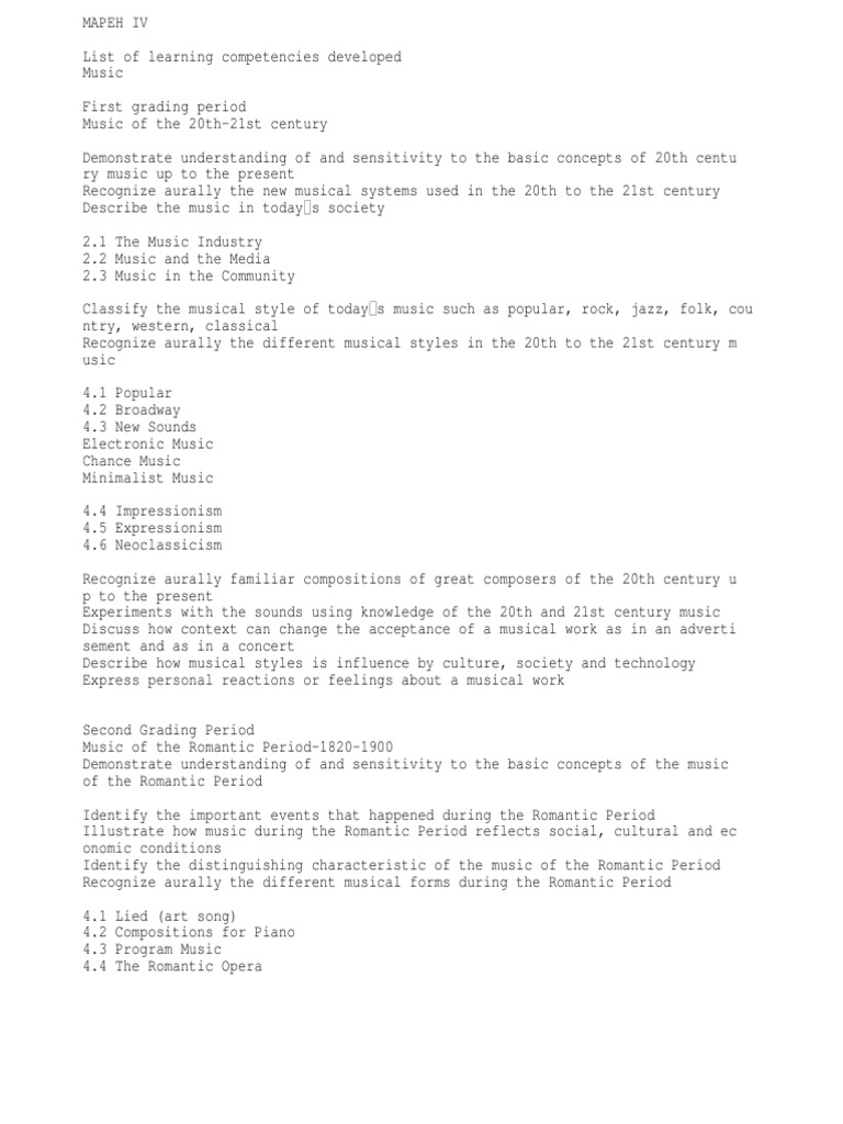 PSSLC Mapeh | Download Free PDF | Classical Period (Music) | Composers