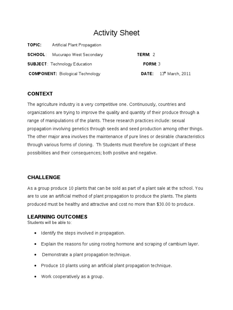 Plant Propagation Activity Sheet | PDF | Science & Mathematics ...