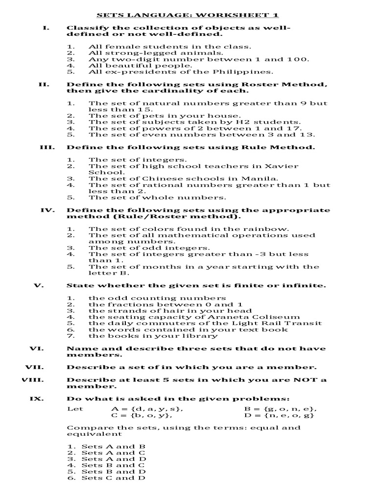 Set Worksheet 1 | PDF | Integer | Algebra