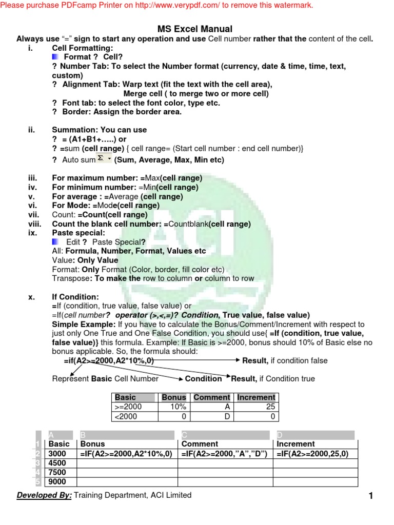 MS Excel Manual Part 1 | PDF | Summation | Microsoft Excel