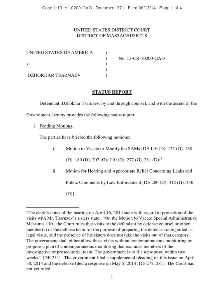 371 Jahar Tsarnaev Status Report 061714 | PDF | Dzhokhar Tsarnaev ...
