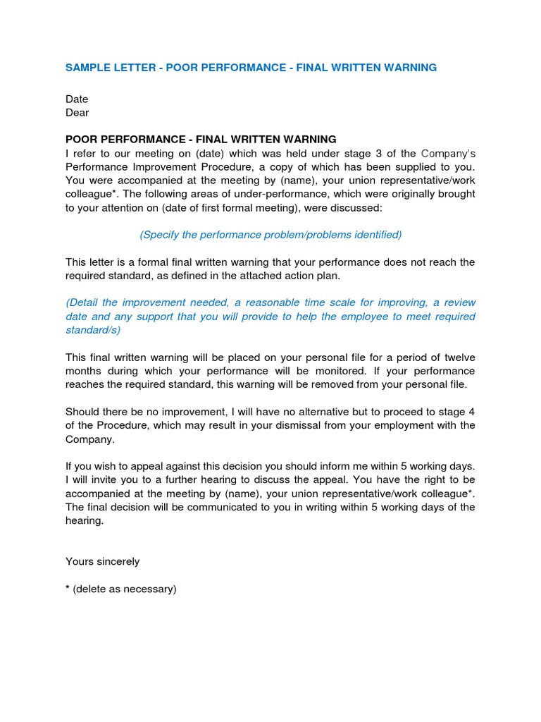 Sample Letter of Final Written Warning Due To Poor Performance | PDF