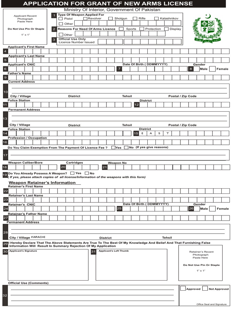 32758100 Ministry of Interior Arms License Application Form Fillable | License | Firearms