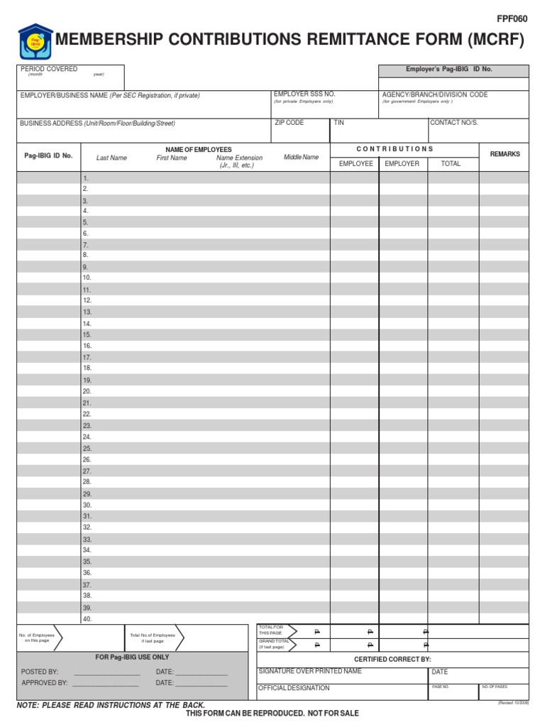 FPF060 Membership Contributions Remittance Form (MCRF) | PDF | Payments ...