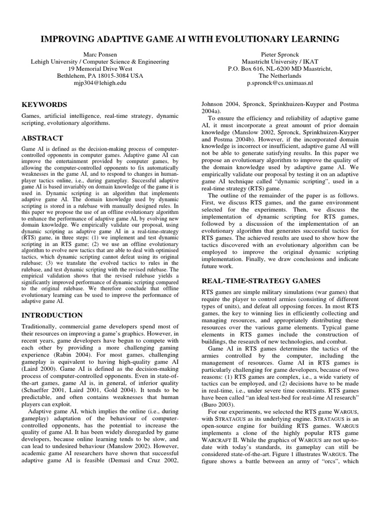 ImprovinImproving Adaptive Game AI With Evolutionary Learningg Adaptive ...