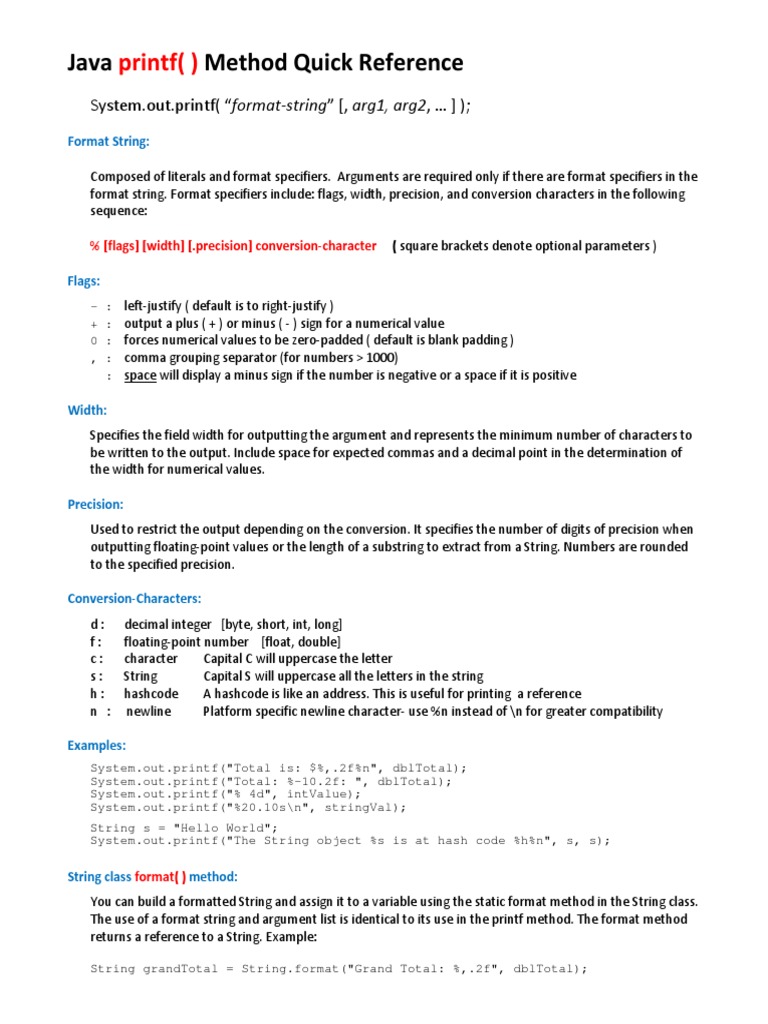 Java Printf Method Quick Reference | PDF | Computer Data | Notation Java Printf Method Quick Reference | PDF | Computer Data | Notation