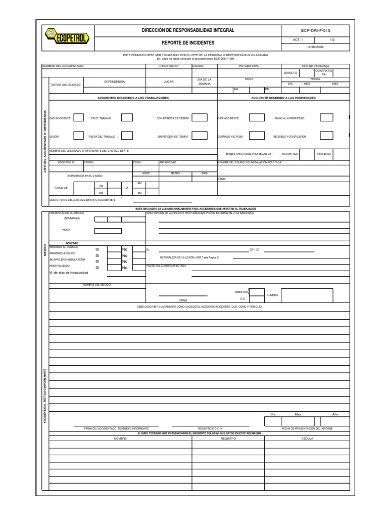 Formato de Reporte de Incidentes Laborales | PDF | Salud y bienestar ...