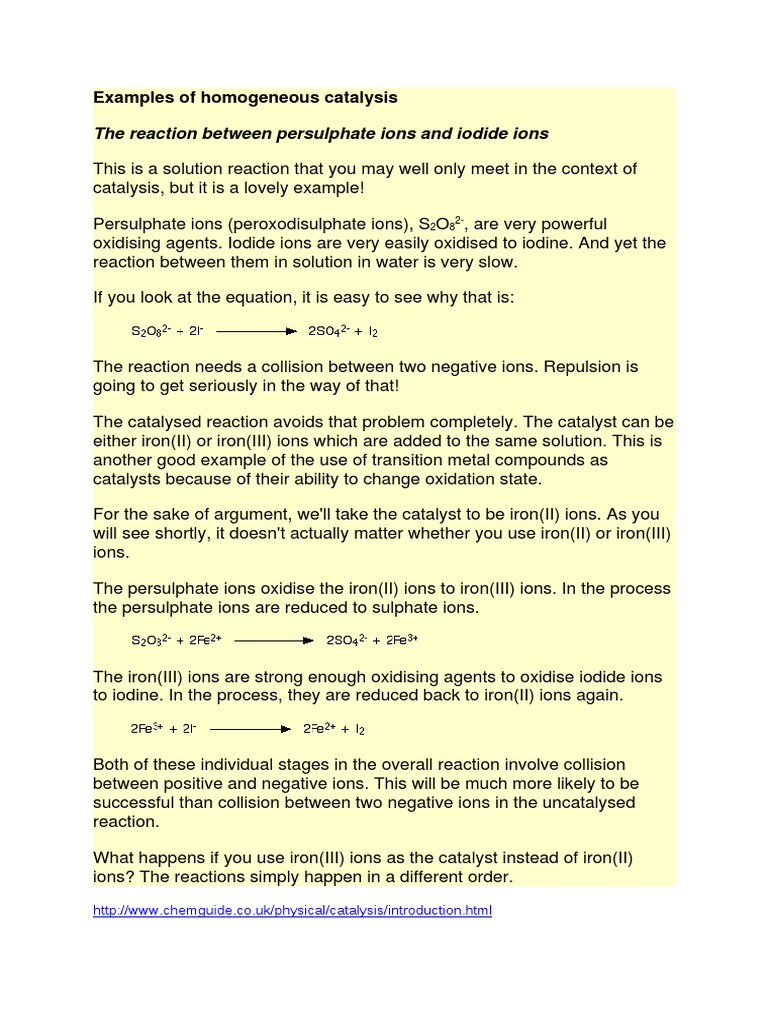 Homogeneous catalysis examples persulphate iodide reaction | PDF ...